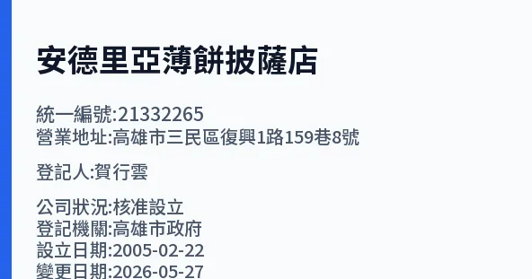 安德里亞薄餅披薩店的照片-統編 21332265(高雄市) 公司登記資料與營業項目詳細圖表