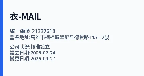衣-MAIL的照片-統編 21332618(高雄市) 公司登記資料與營業項目詳細圖表