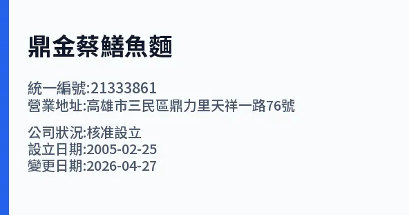 鼎金蔡鱔魚麵的照片-統編 21333861(高雄市) 公司登記資料與營業項目詳細圖表