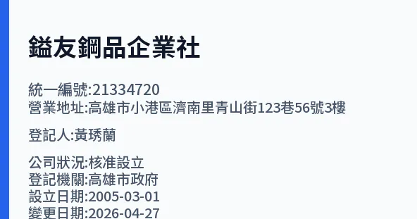 鎰友鋼品企業社的照片-統編 21334720(高雄市) 公司登記資料與營業項目詳細圖表