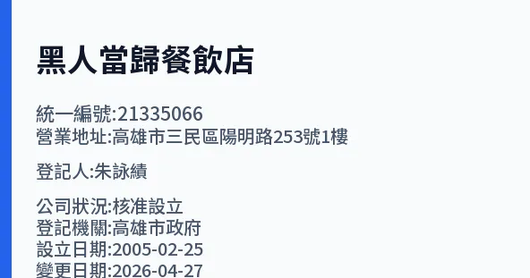 黑人當歸餐飲店的照片-統編 21335066(高雄市) 公司登記資料與營業項目詳細圖表