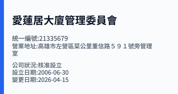 愛蓮居大廈管理委員會的照片-統編 21335679(高雄市) 公司登記資料與營業項目詳細圖表