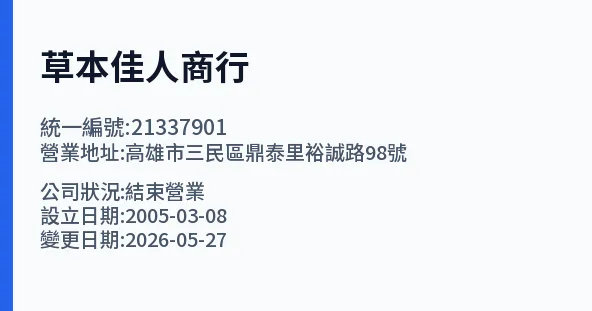 草本佳人商行的照片-統編 21337901(高雄市) 公司登記資料與營業項目詳細圖表