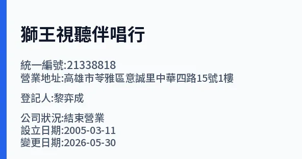 獅王視聽伴唱行的照片-統編 21338818(高雄市) 公司登記資料與營業項目詳細圖表