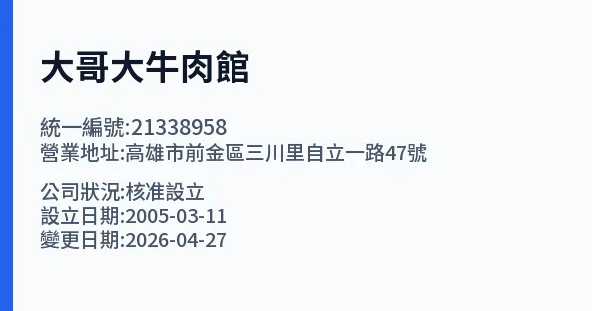 大哥大牛肉館的照片-統編 21338958(高雄市) 公司登記資料與營業項目詳細圖表