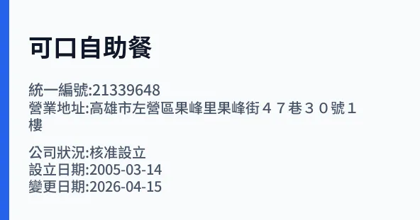 可口自助餐的照片-統編 21339648(高雄市) 公司登記資料與營業項目詳細圖表