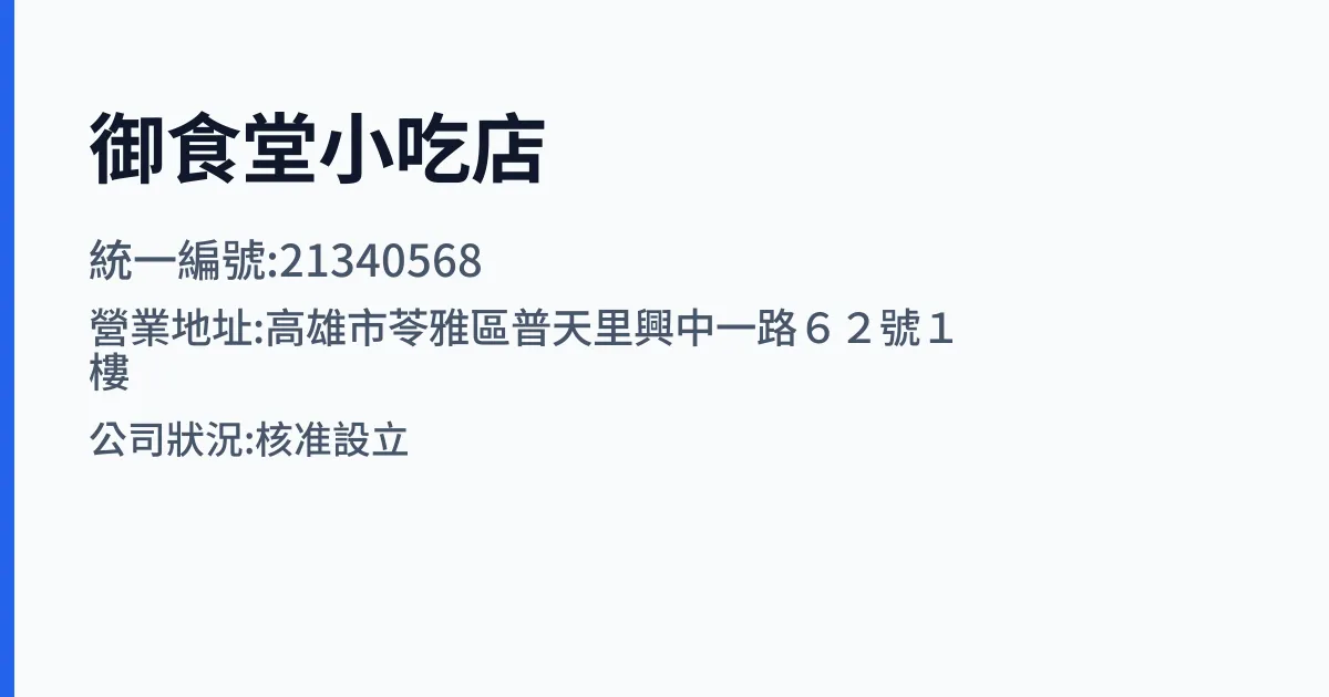 御食堂小吃店 - 統編 21340568(高雄市) 公司登記資料與營業項目詳細圖表