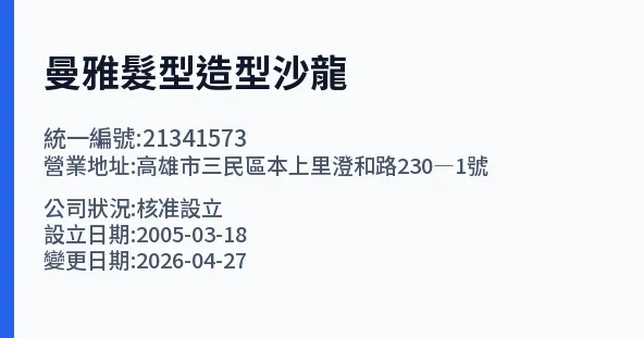 曼雅髮型造型沙龍的照片-統編 21341573(高雄市) 公司登記資料與營業項目詳細圖表