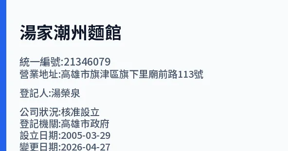 湯家潮州麵館的照片-統編 21346079(高雄市) 公司登記資料與營業項目詳細圖表