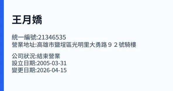 王月嬌的照片-統編 21346535(高雄市) 公司登記資料與營業項目詳細圖表