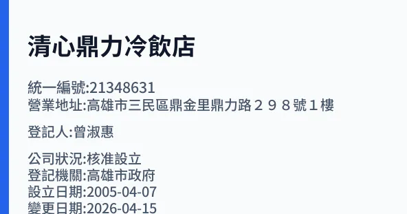 清心鼎力冷飲店的照片-統編 21348631(高雄市) 公司登記資料與營業項目詳細圖表