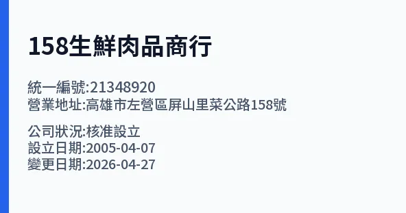 158生鮮肉品商行的照片-統編 21348920(高雄市) 公司登記資料與營業項目詳細圖表