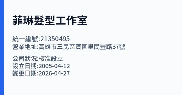 菲琳髮型工作室的照片-統編 21350495(高雄市) 公司登記資料與營業項目詳細圖表
