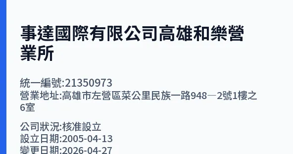 事達國際有限公司高雄和樂營業所的照片-統編 21350973(高雄市) 公司登記資料與營業項目詳細圖表