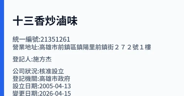 十三香炒滷味的照片-統編 21351261(高雄市) 公司登記資料與營業項目詳細圖表