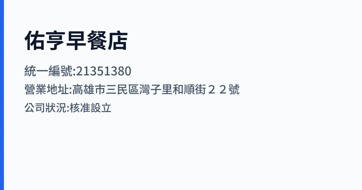 佑亨早餐店 - 統編 21351380(高雄市) 公司登記資料與營業項目詳細圖表