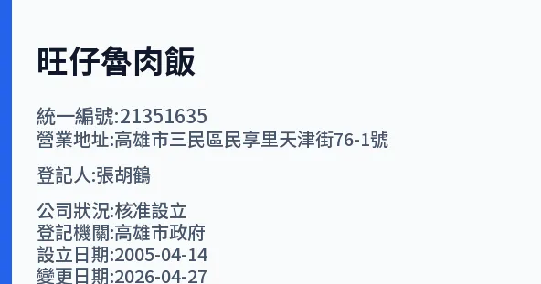 旺仔魯肉飯的照片-統編 21351635(高雄市) 公司登記資料與營業項目詳細圖表