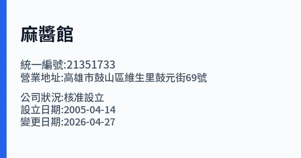 麻醬館的照片-統編 21351733(高雄市) 公司登記資料與營業項目詳細圖表