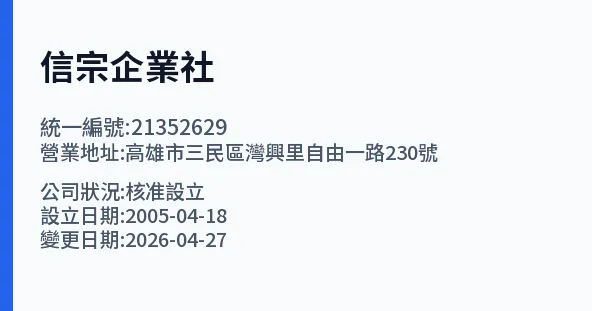 信宗企業社的照片-統編 21352629(高雄市) 公司登記資料與營業項目詳細圖表