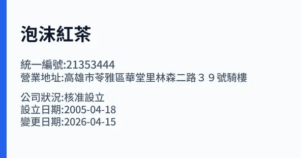 泡沫紅茶的照片-統編 21353444(高雄市) 公司登記資料與營業項目詳細圖表