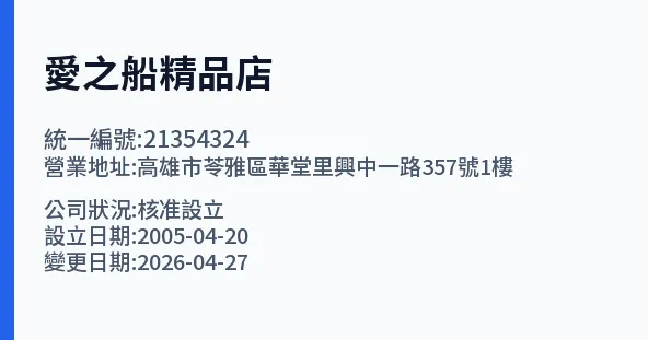 愛之船精品店的照片-統編 21354324(高雄市) 公司登記資料與營業項目詳細圖表