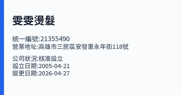 雯雯燙髮的照片-統編 21355490(高雄市) 公司登記資料與營業項目詳細圖表