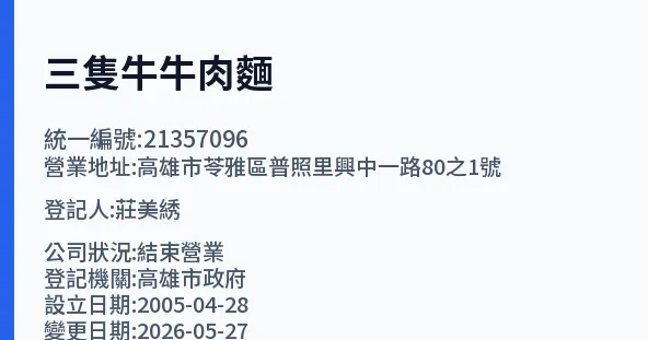 三隻牛牛肉麵的照片-統編 21357096(高雄市) 公司登記資料與營業項目詳細圖表