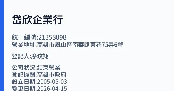 岱欣企業行的照片-統編 21358898(高雄市) 公司登記資料與營業項目詳細圖表