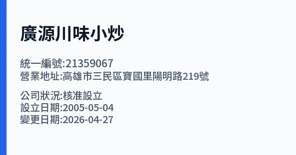 廣源川味小炒的照片-統編 21359067(高雄市) 公司登記資料與營業項目詳細圖表