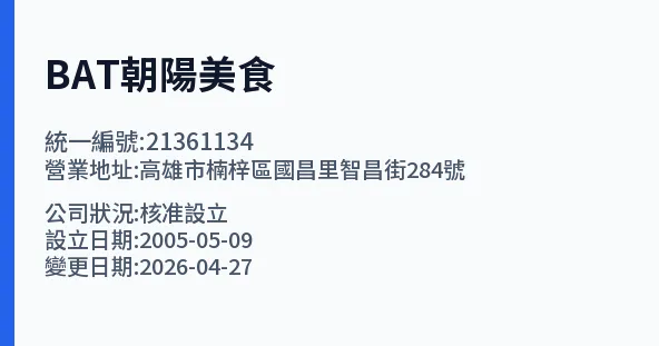 BAT朝陽美食的照片-統編 21361134(高雄市) 公司登記資料與營業項目詳細圖表