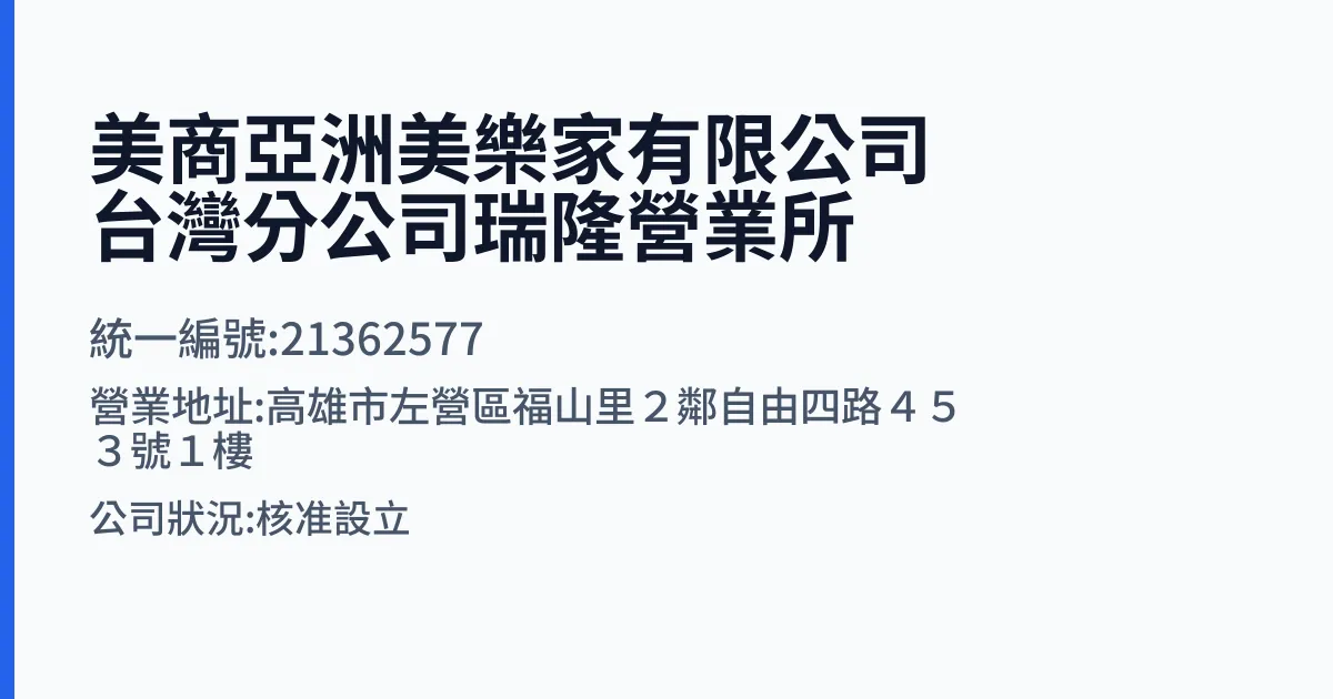 美商亞洲美樂家有限公司台灣分公司瑞隆營業所 - 統編 21362577(高雄市) 公司登記資料與營業項目詳細圖表
