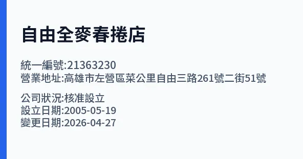 自由全麥春捲店的照片-統編 21363230(高雄市) 公司登記資料與營業項目詳細圖表