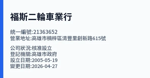 福斯二輪車業行的照片-統編 21363652(高雄市) 公司登記資料與營業項目詳細圖表