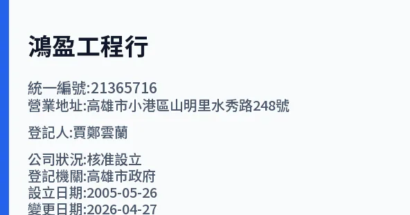 鴻盈工程行的照片-統編 21365716(高雄市) 公司登記資料與營業項目詳細圖表