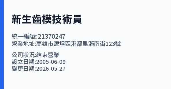 新生齒模技術員的照片-統編 21370247(高雄市) 公司登記資料與營業項目詳細圖表