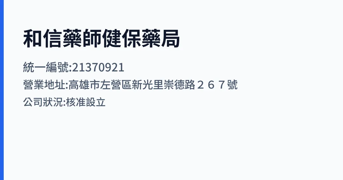 和信藥師健保藥局 - 統編 21370921(高雄市) 公司登記資料與營業項目詳細圖表