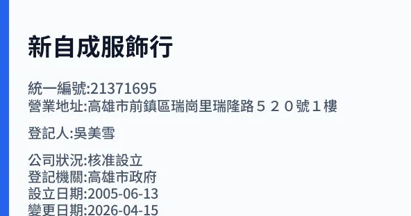 新自成服飾行的照片-統編 21371695(高雄市) 公司登記資料與營業項目詳細圖表