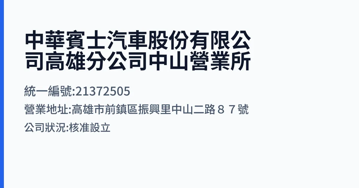 中華賓士汽車股份有限公司高雄分公司中山營業所 - 統編 21372505(高雄市) 公司登記資料與營業項目詳細圖表