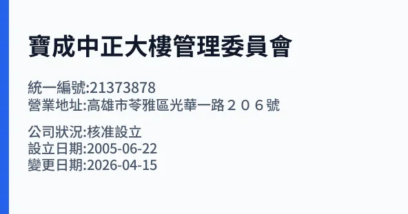 寶成中正大樓管理委員會的照片-統編 21373878(高雄市) 公司登記資料與營業項目詳細圖表
