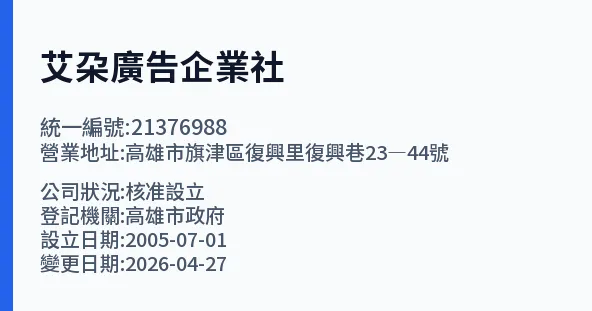 艾朶廣告企業社的照片-統編 21376988(高雄市) 公司登記資料與營業項目詳細圖表