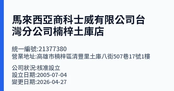 馬來西亞商科士威有限公司台灣分公司楠梓土庫店的照片-統編 21377380(高雄市) 公司登記資料與營業項目詳細圖表