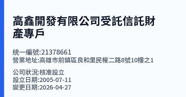 高鑫開發有限公司受託信託財產專戶的照片-統編 21378661(高雄市) 公司登記資料與營業項目詳細圖表