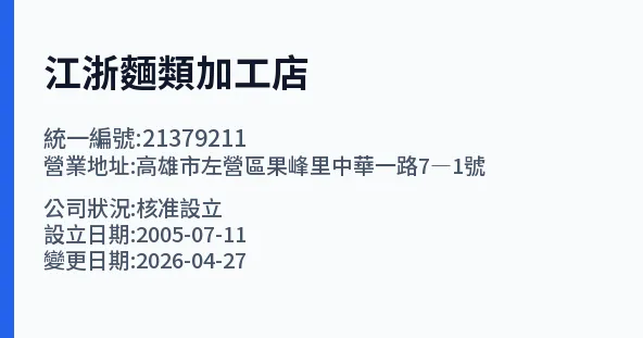 江浙麵類加工店的照片-統編 21379211(高雄市) 公司登記資料與營業項目詳細圖表