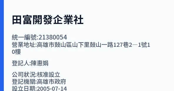 田富開發企業社的照片-統編 21380054(高雄市) 公司登記資料與營業項目詳細圖表