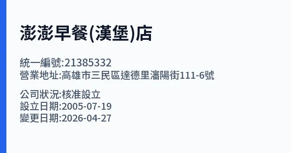 澎澎早餐(漢堡)店的照片-統編 21385332(高雄市) 公司登記資料與營業項目詳細圖表