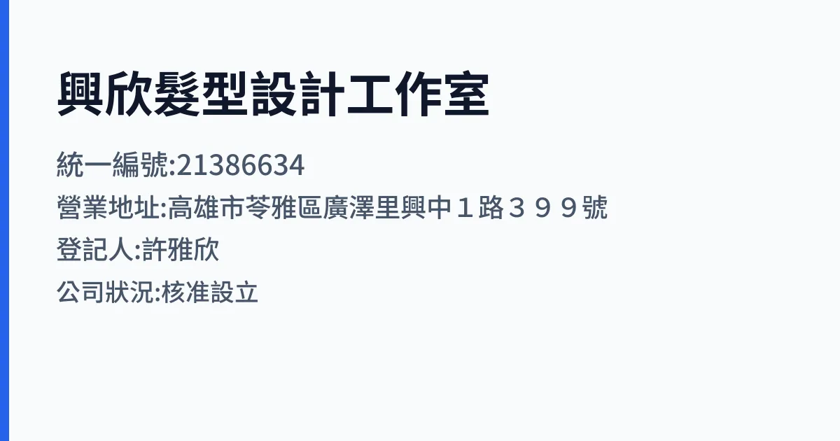 興欣髮型設計工作室 - 統編 21386634(高雄市) 公司登記資料與營業項目詳細圖表