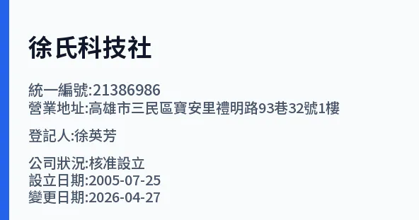 徐氏科技社的照片-統編 21386986(高雄市) 公司登記資料與營業項目詳細圖表