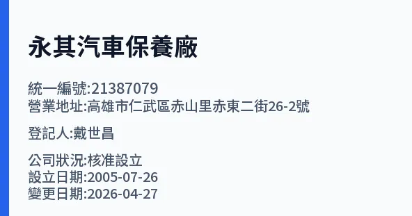 永其汽車保養廠的照片-統編 21387079(高雄市) 公司登記資料與營業項目詳細圖表