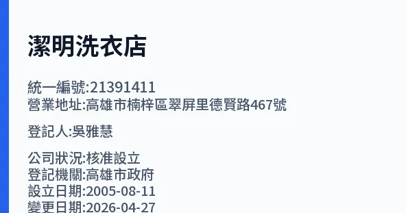 潔明洗衣店的照片-統編 21391411(高雄市) 公司登記資料與營業項目詳細圖表