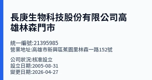 長庚生物科技股份有限公司高雄林森門市的照片-統編 21395985(高雄市) 公司登記資料與營業項目詳細圖表